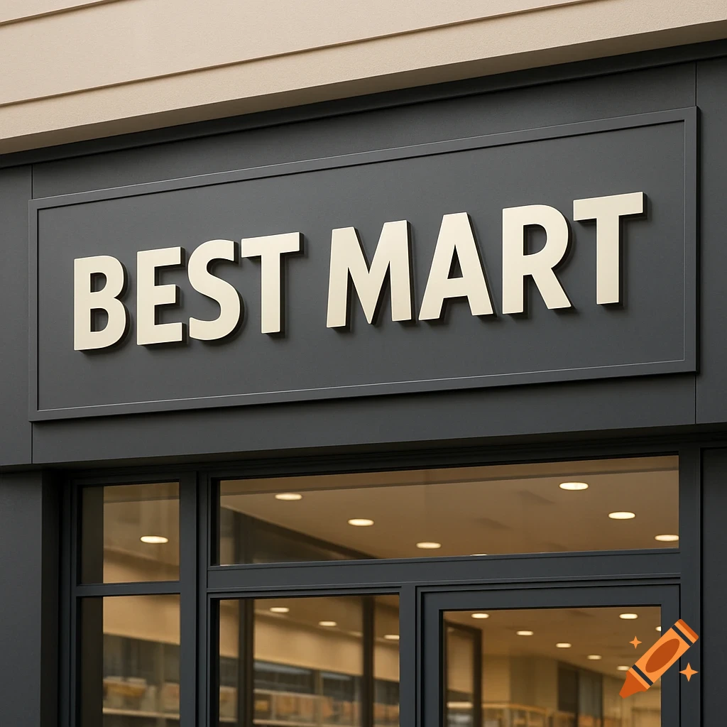 Modern store sign with the text BEST MART above a window on Craiyon
