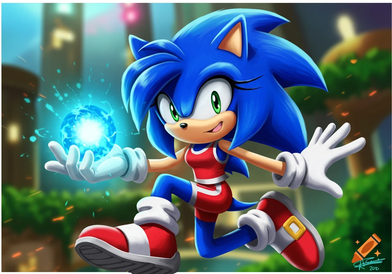 Sonic the Hedgehog, with red eyes and sharp teeth, wears a pink ...