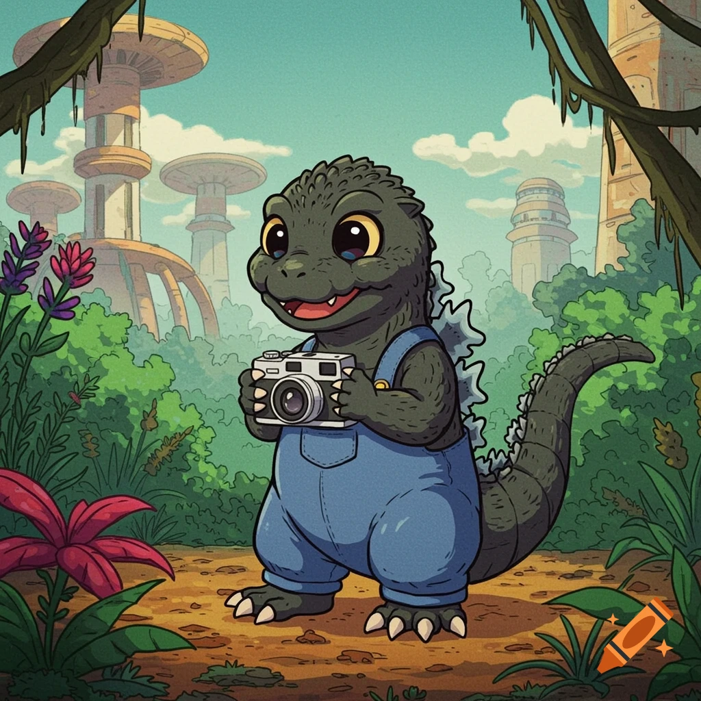 Cute cartoon Godzilla holds a massive hot dog outdoors. on Craiyon