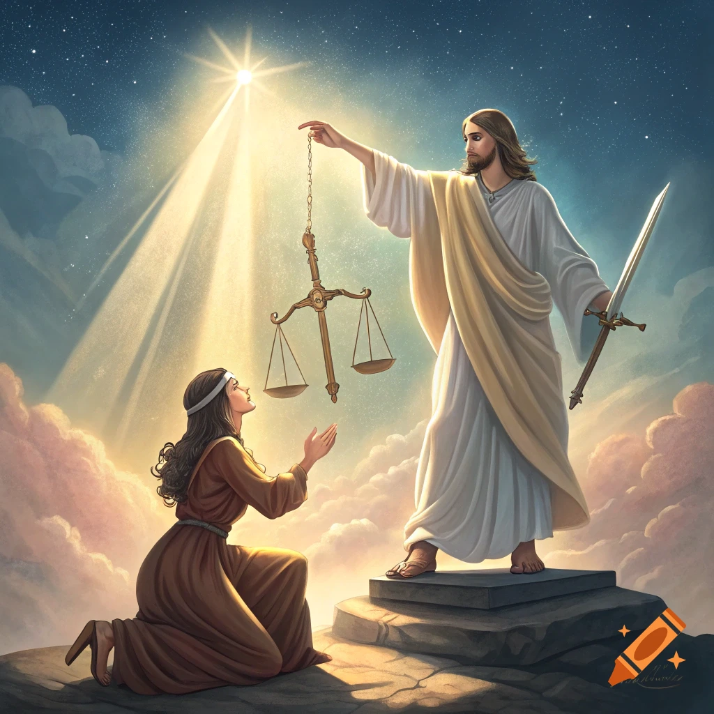 Jesus Christ holds scales of justice above a kneeling woman under ...