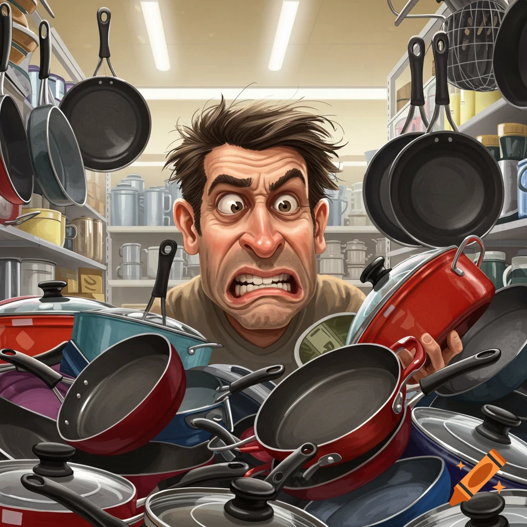 A cartoon illustration of a frustrated man surrounded by many pots and ...