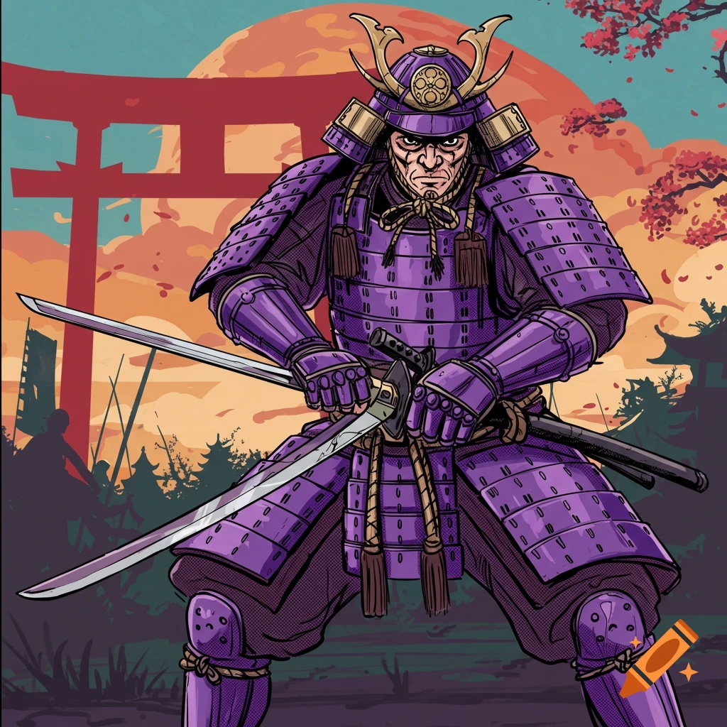 Anime-style illustration of a samurai in blue and red armor standing in ...
