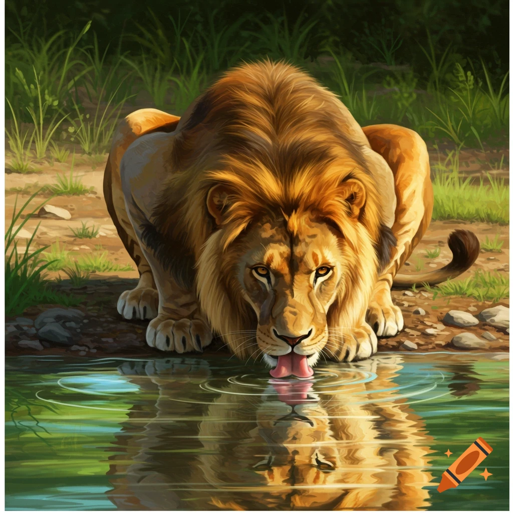 A male lion crouching and drinking water from a pool. on Craiyon