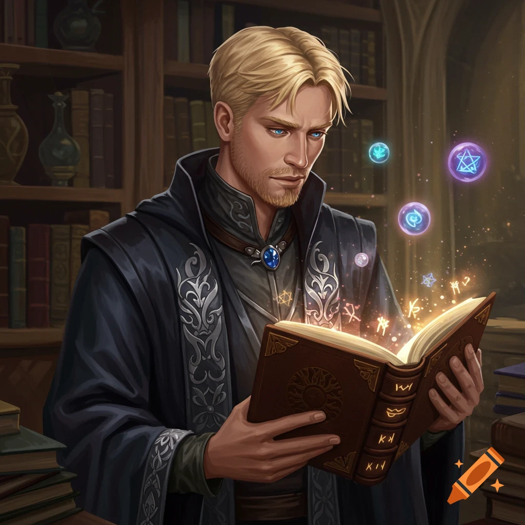 Blonde wizard with short hair and stubble reading a book in midnight ...