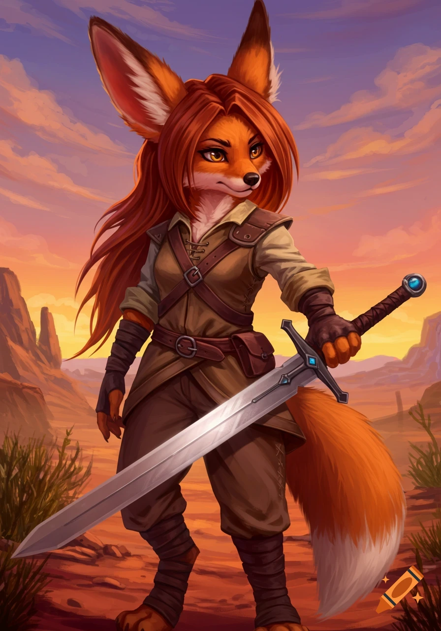 An anthropomorphic fennec fox with auburn hair, wearing rugged clothes ...