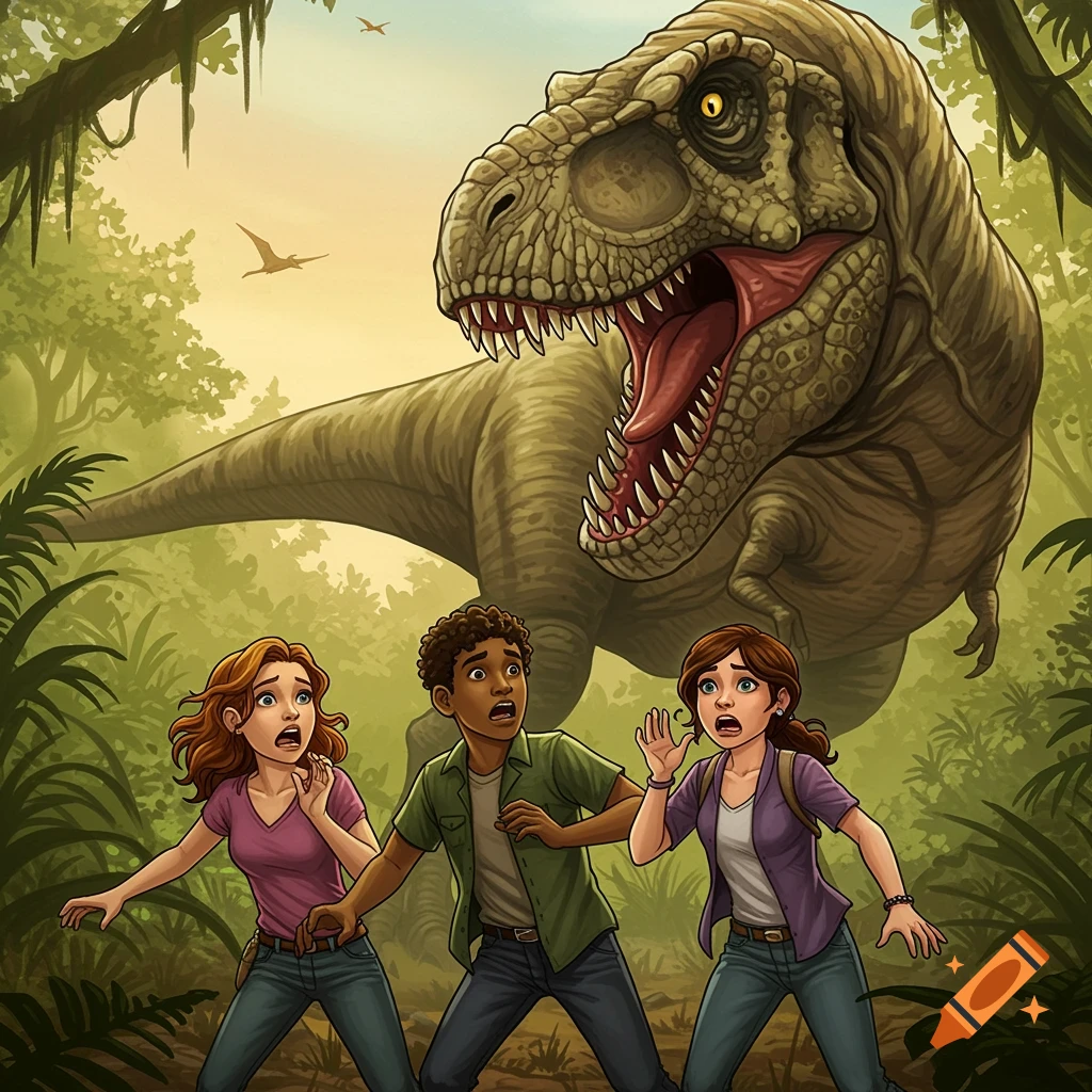 Four teens scared of a T-Rex on Craiyon