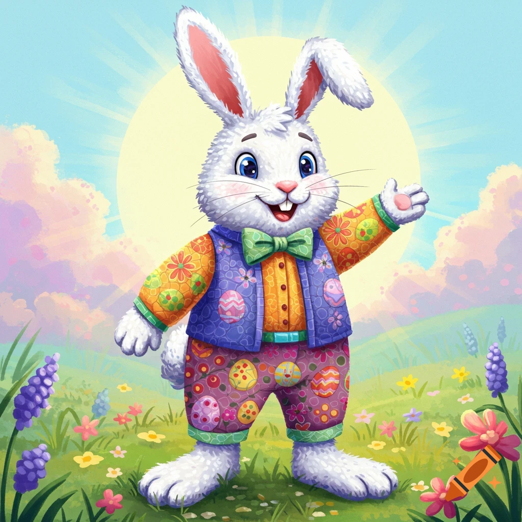 A cartoon Easter bunny in a colorful vest and pants waves in a field ...
