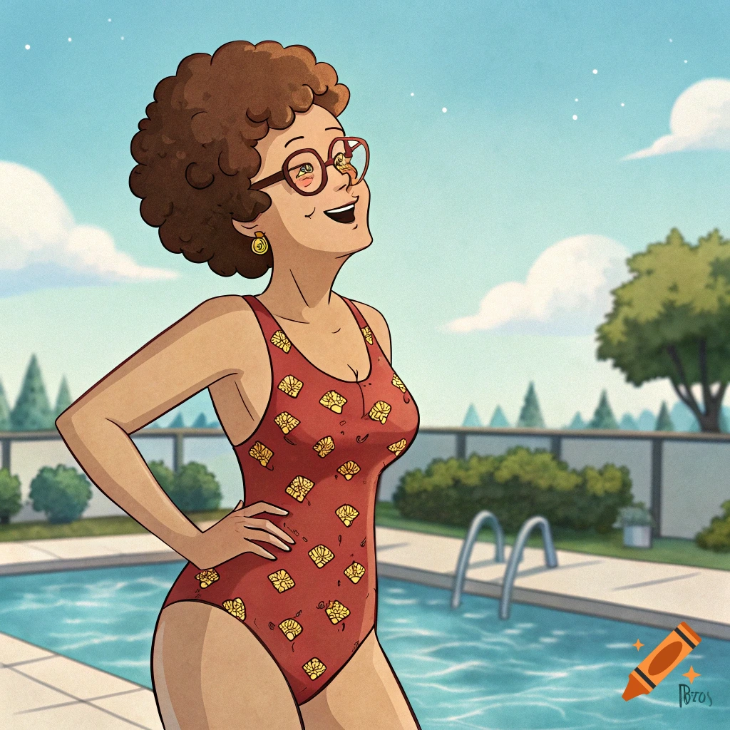 Cartoon image of Peggy Hill in a red swimsuit standing by a pool on Craiyon
