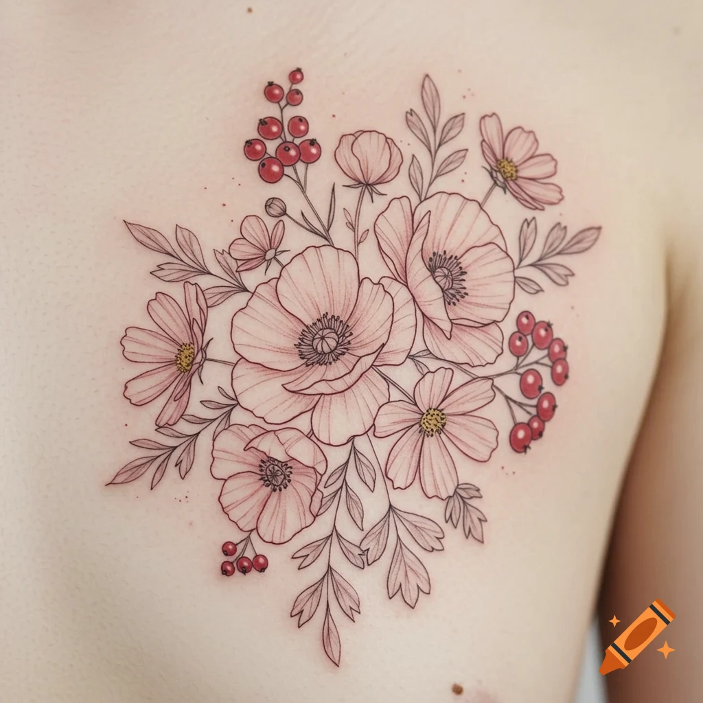 Fine line tattoo design with floral motifs on Craiyon