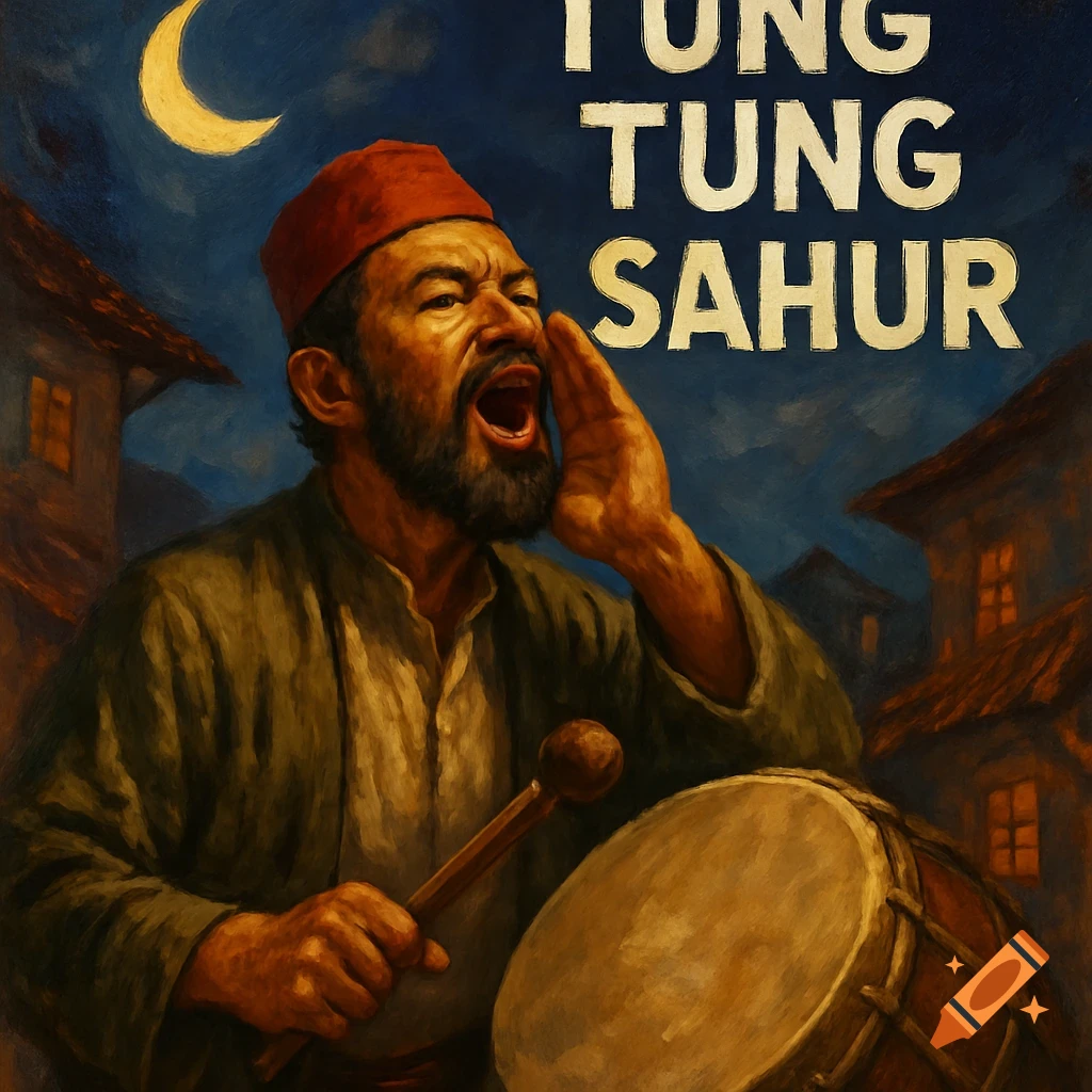 Painting of a man drumming with text 'TUN TUNG TUNG SAHUR', mosque and ...