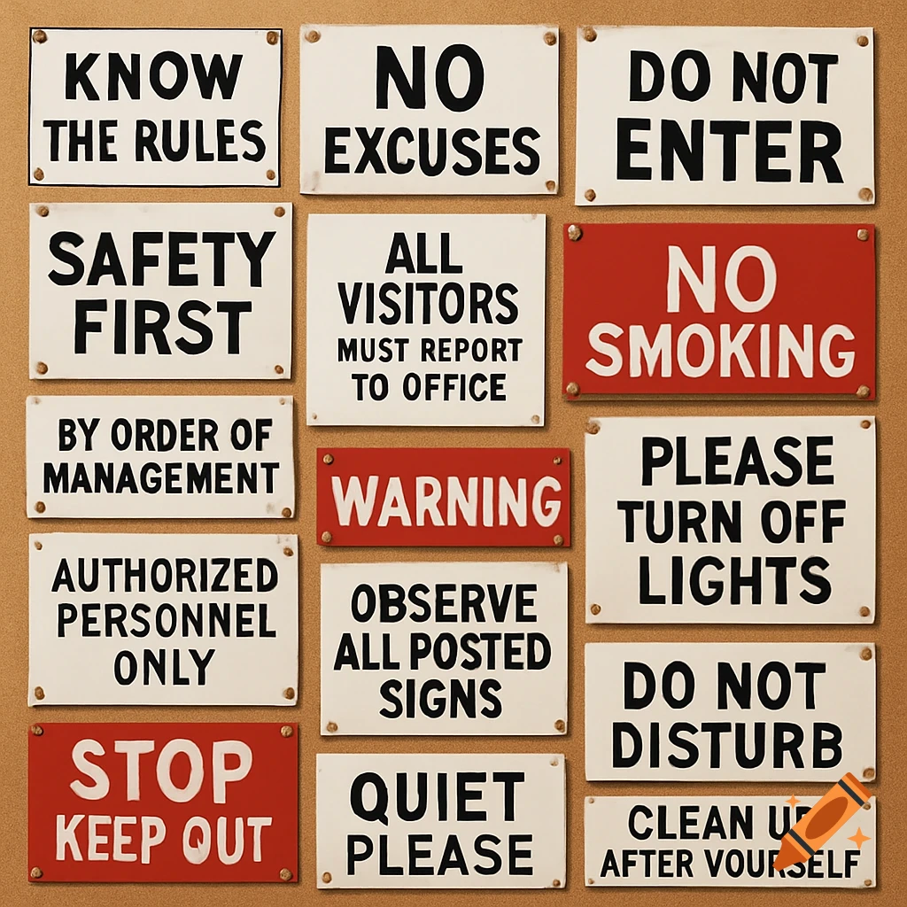 A collection of rules, warnings, and mandate signs on a board. on Craiyon