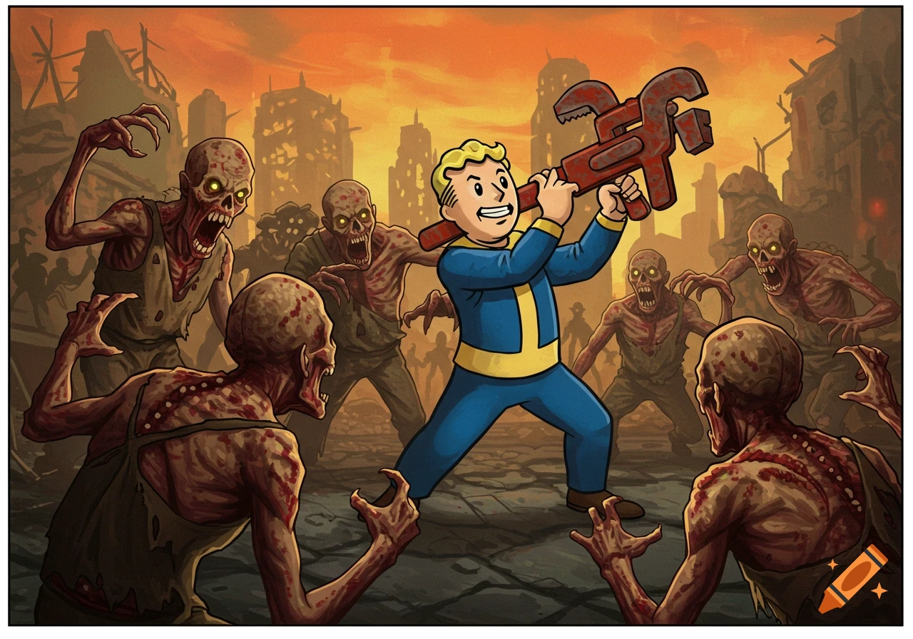 Cartoon illustration of Vault Boy holding a laser rifle against a ...