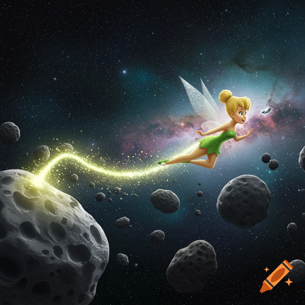 Tinkerbell flies through an asteroid field in space leaving a pixie ...