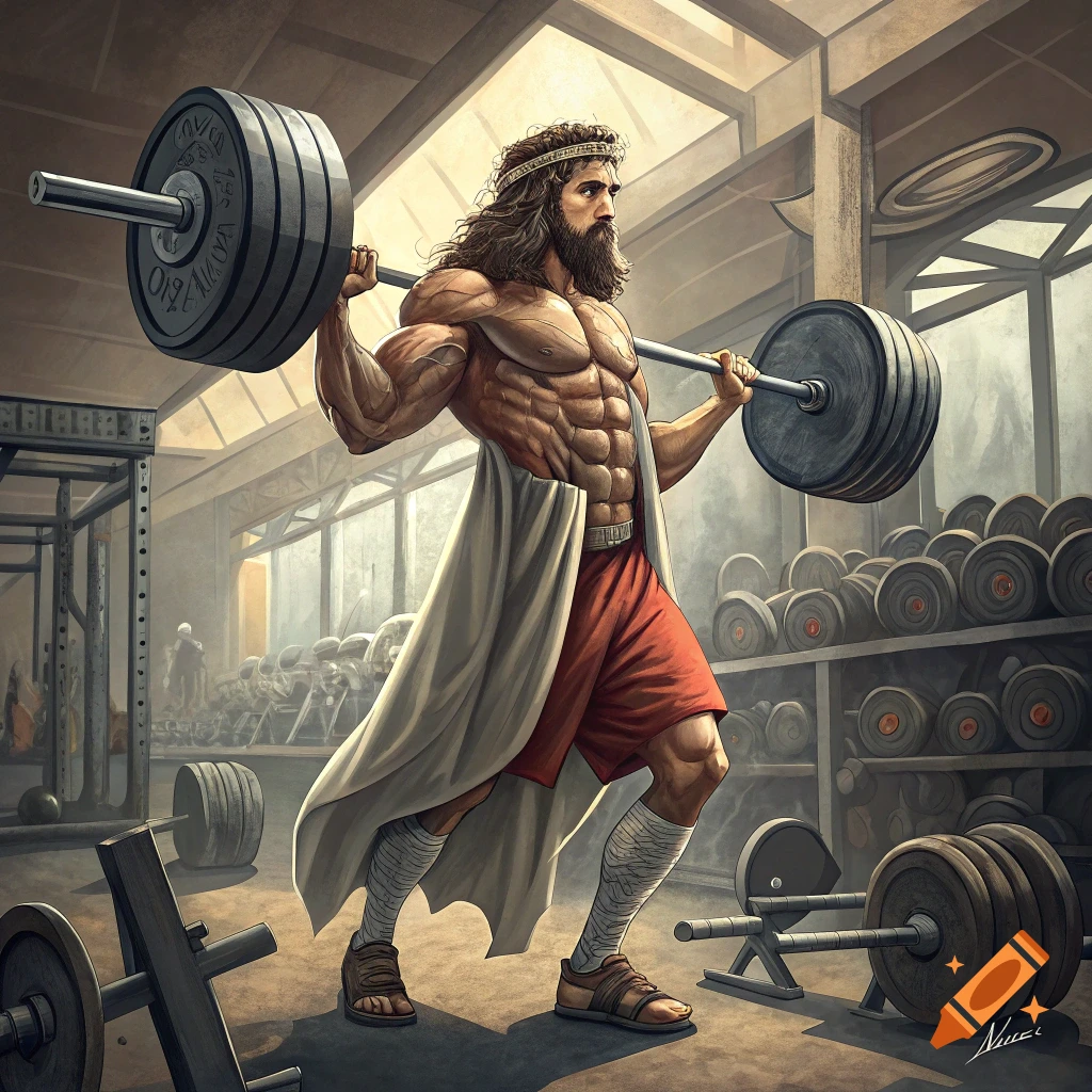 Muscular Jesus figure with a halo standing in a gym. on Craiyon