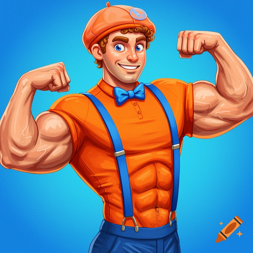 Cartoon man with mustache and cap flexing bicep on Craiyon