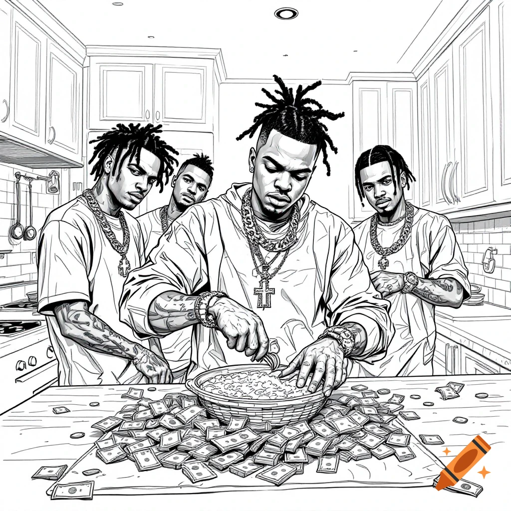 Outline drawing of Lil Baby in a kitchen with money, chains, and lyrics ...