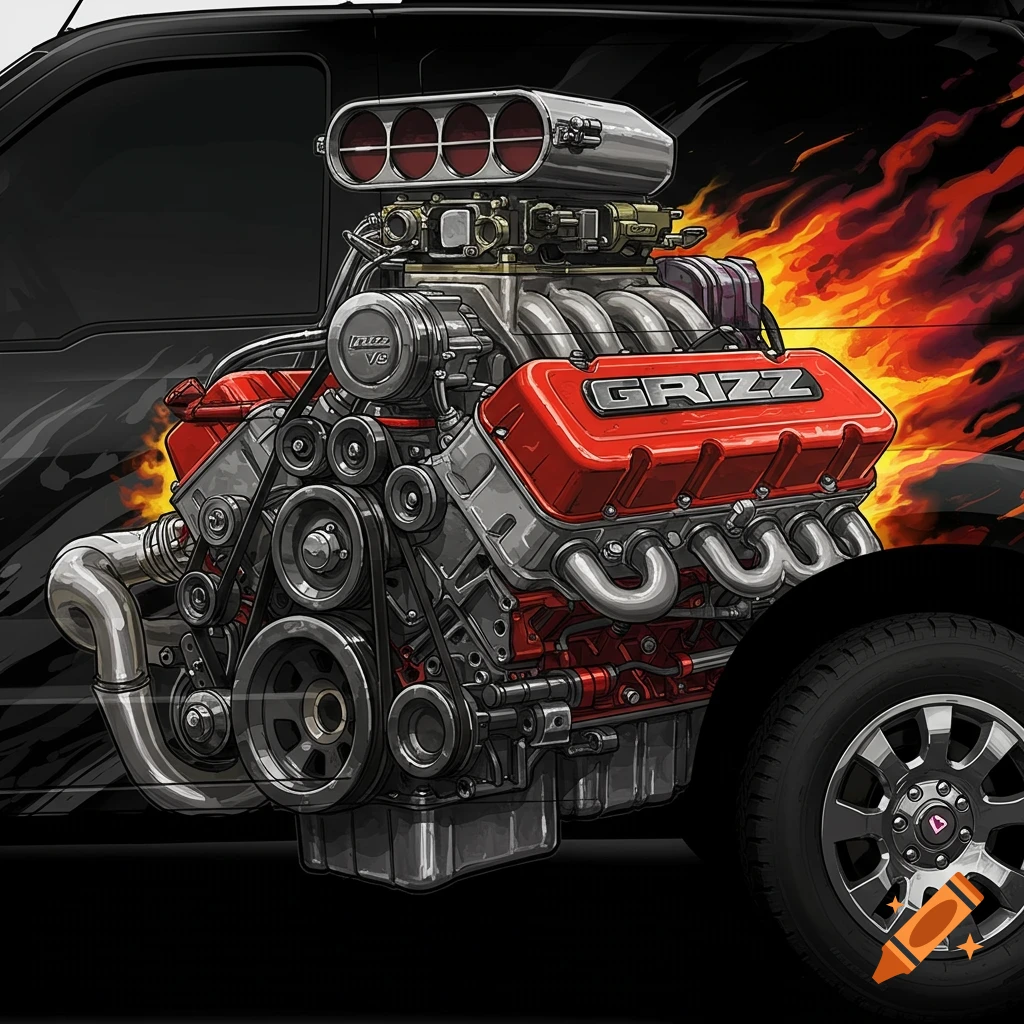 Detailed illustration of a performance V8 engine with flames on the ...