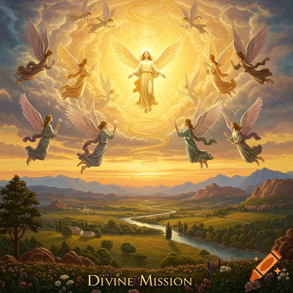 The Book of Revelation is depicted with angels above battling figures ...