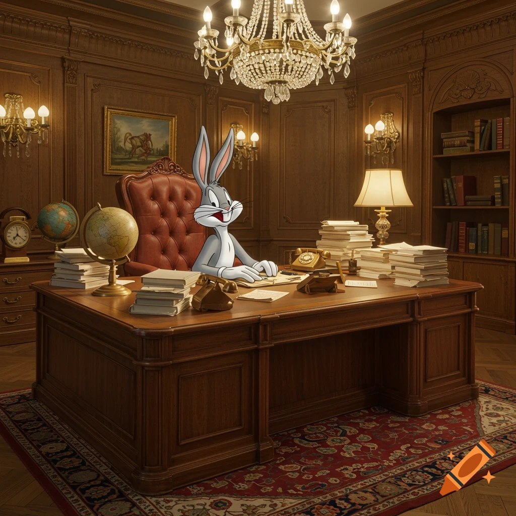 Bugs Bunny sits at a large wooden desk in an ornate office. on Craiyon