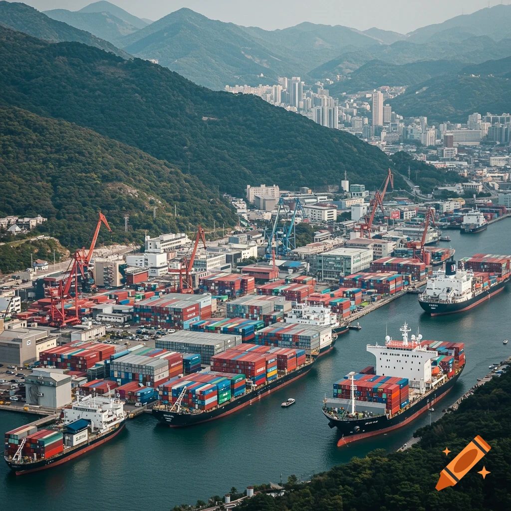 Aerial view of a busy port with cargo ships, cranes, shipping containers, mountains, and city ...