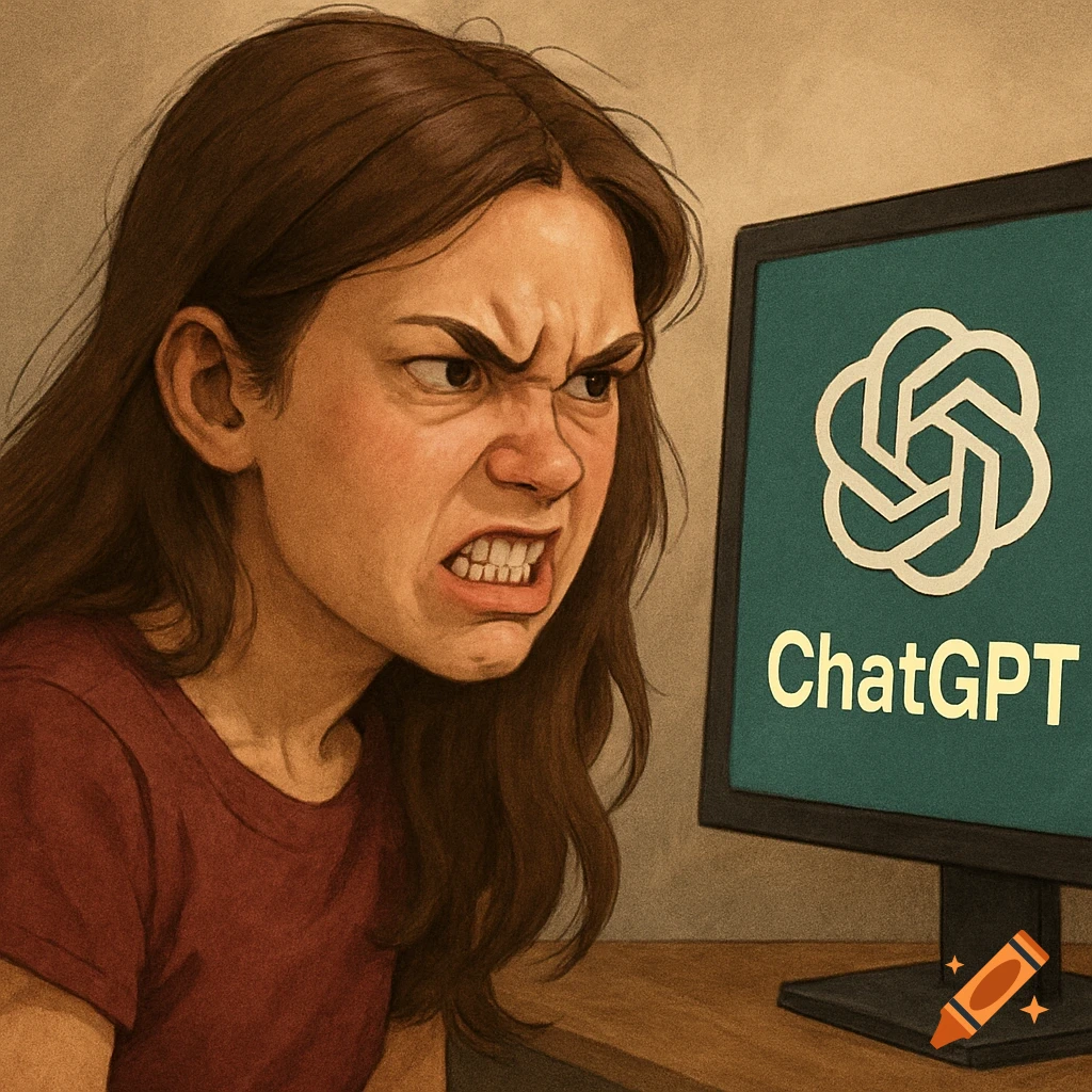 A young woman looking angrily at a computer screen displaying the ...