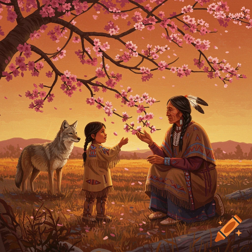 Native American child, adult, elder, flowering tree, and coyote. on Craiyon