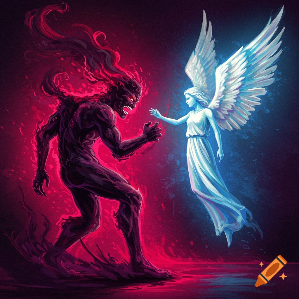A dark, monstrous figure confronts a light, angelic figure with red and ...