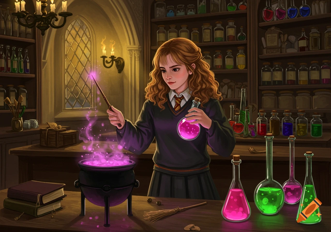 Hermione Granger in a potions lab, holding a wand and a potion ...