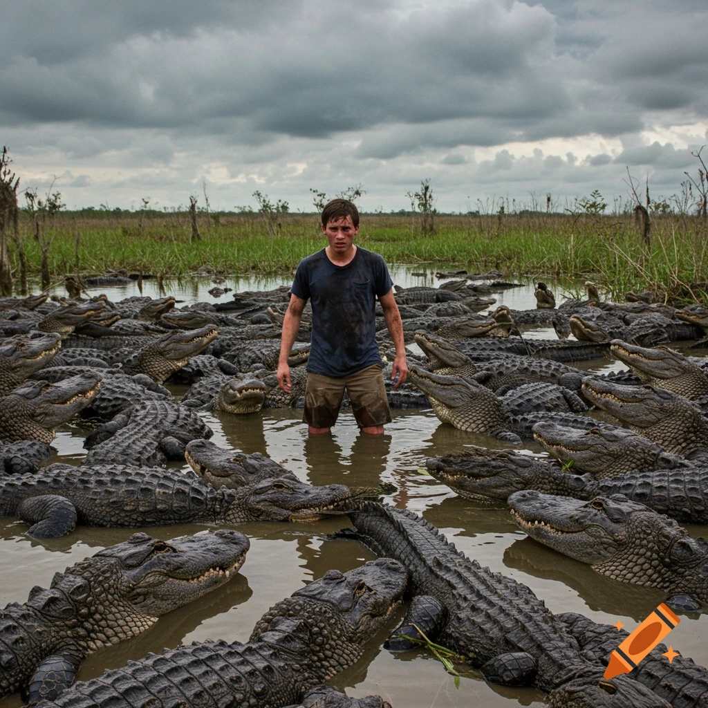 A man stands knee-deep in a swamp surrounded by many alligators. on Craiyon