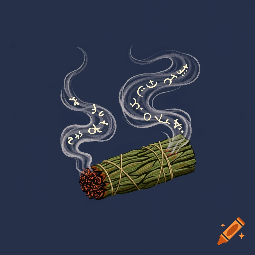 Illustration of a burning sage bundle with smoke carrying mystical ...