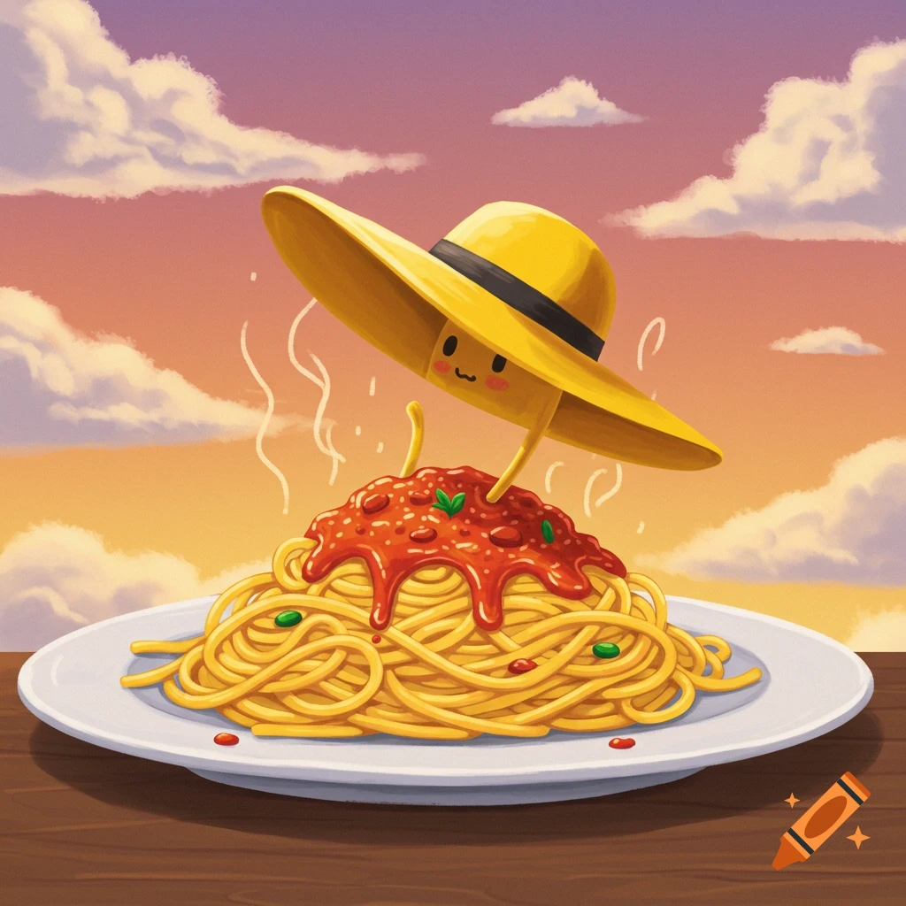 Cartoon spaghetti character with a face and legs sits on a plate on Craiyon