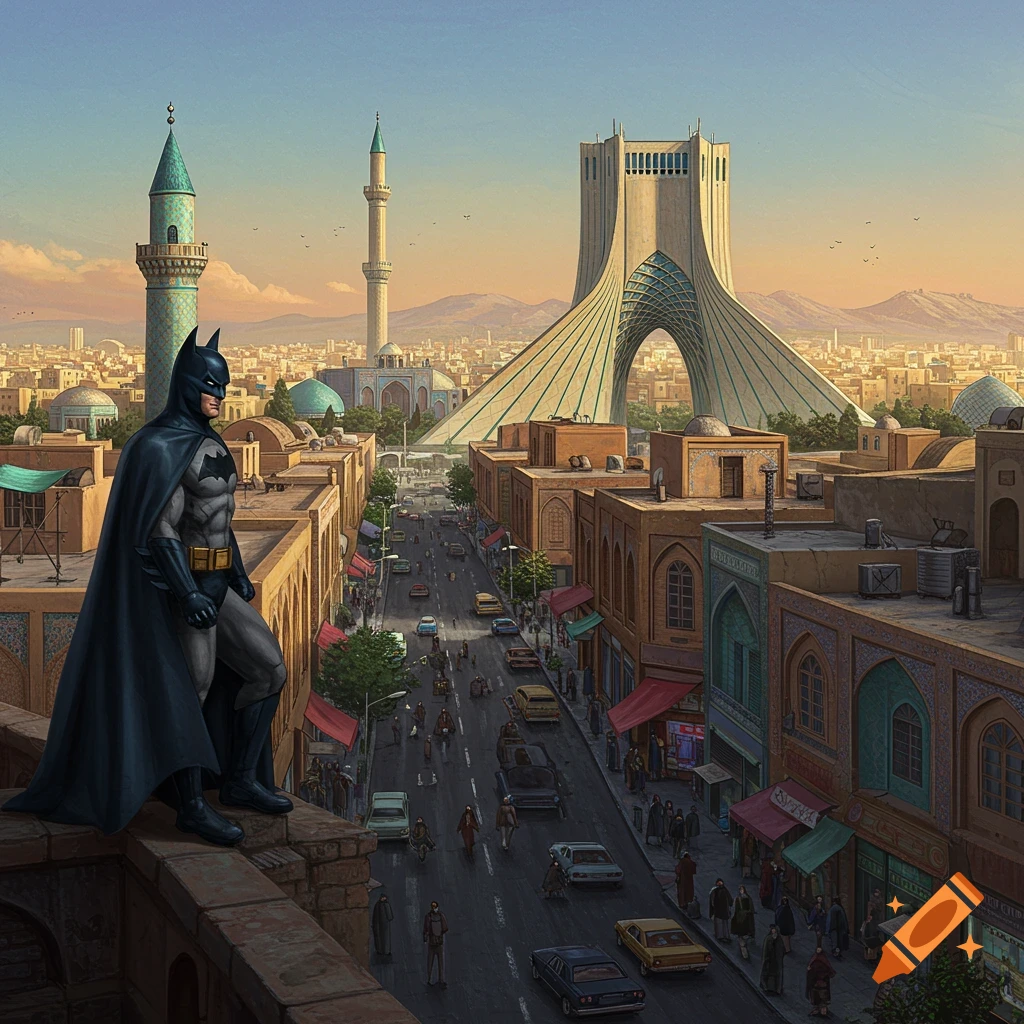 Batman standing on a rooftop overlooking a street in Tehran with the ...