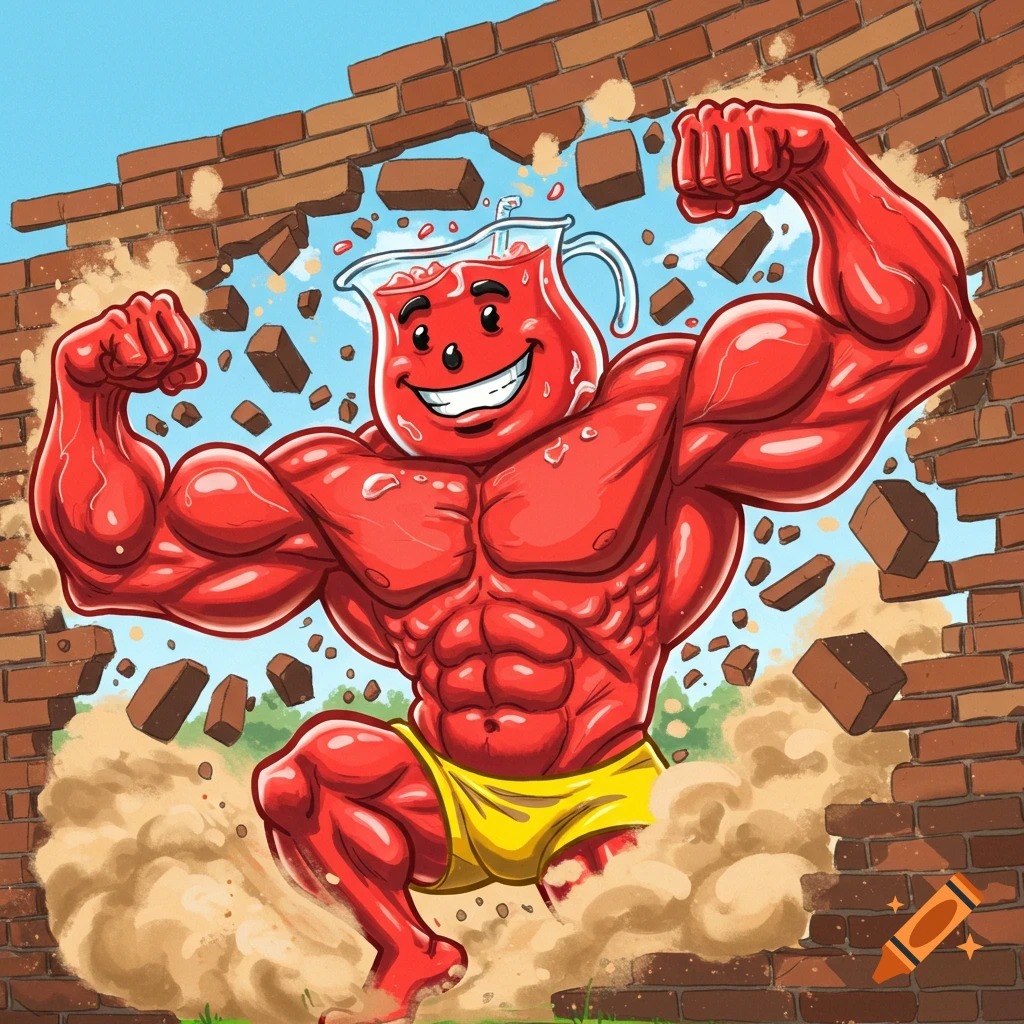 A muscular, buff Kool-Aid man breaks through a brick wall. on Craiyon