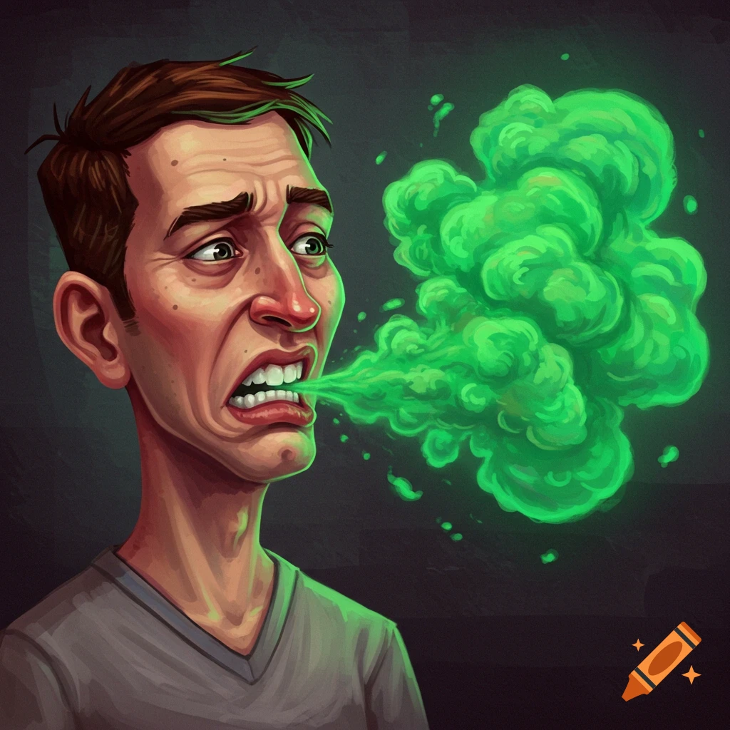 A man is shown reacting to his bad breath, depicted as a green cloud. on Craiyon