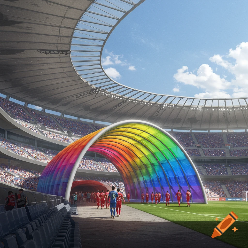 A vibrant soccer stadium featuring a player tunnel in all the colors of ...