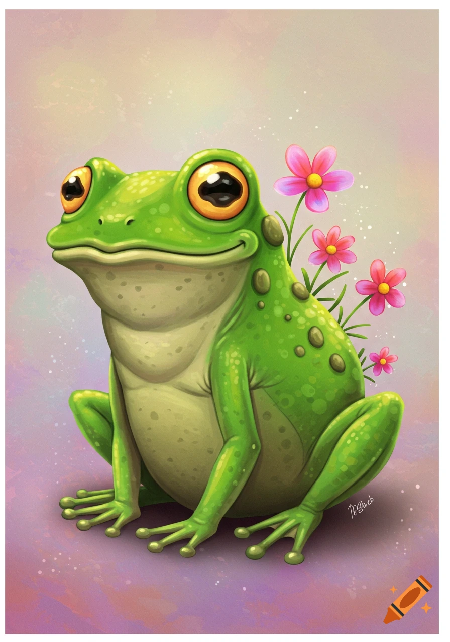 A cute green cartoon frog sits with pink flowers behind it. on Craiyon