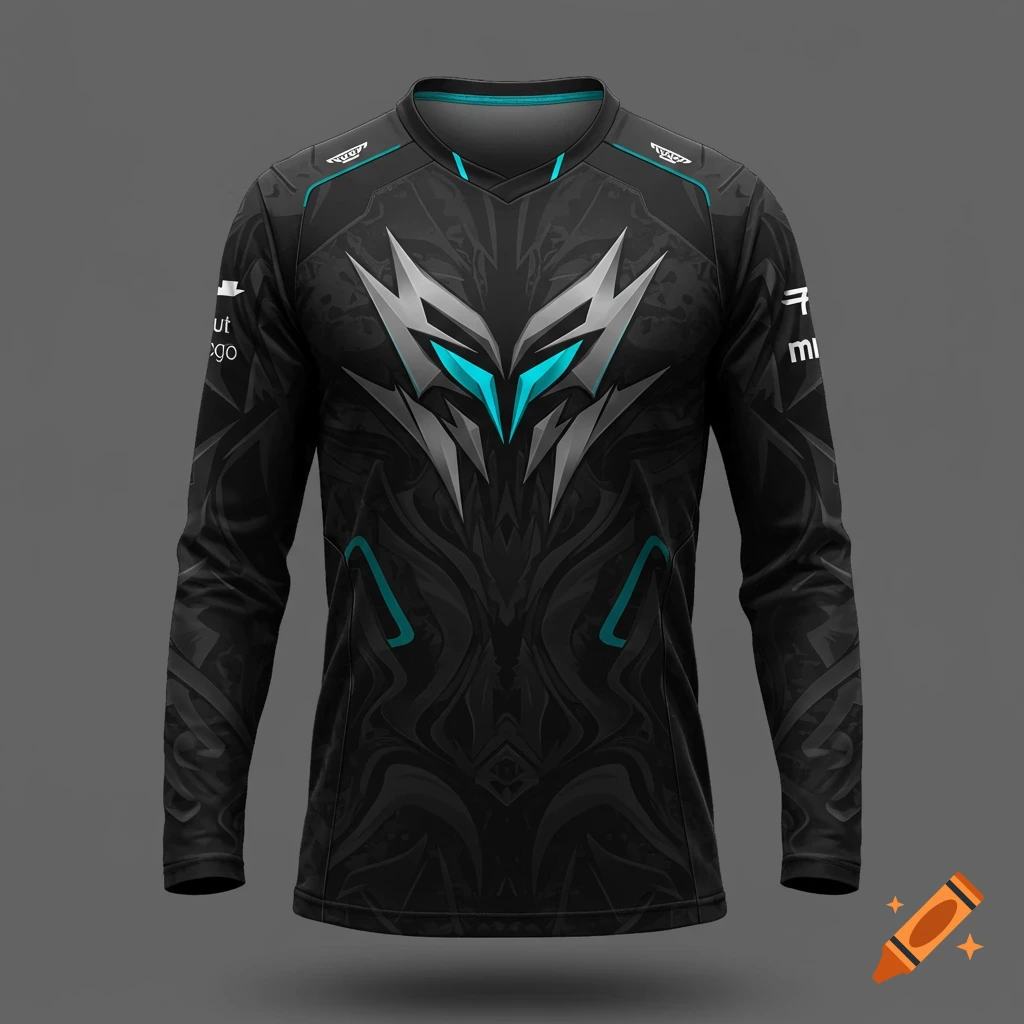A black and gray esports jersey with a futuristic grey and cyan design ...