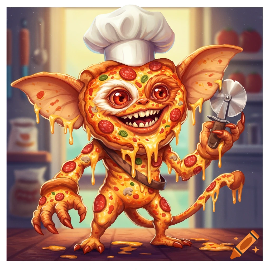 A pizza gremlin wearing a chef hat and holding a pizza cutter. on Craiyon