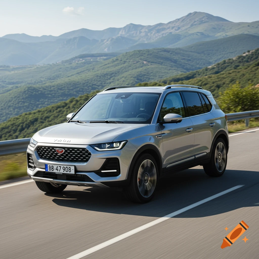 A silver SUV drives on a mountain road. on Craiyon