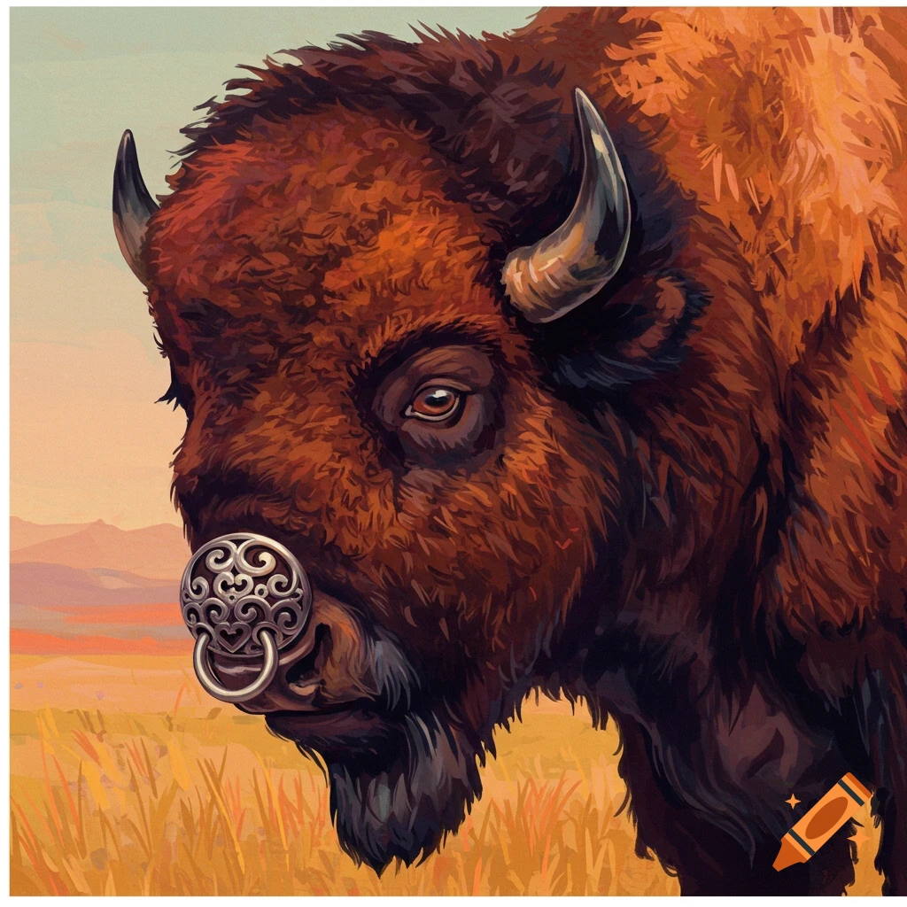 A bison with a decorative nose ring in a grassy landscape. on Craiyon