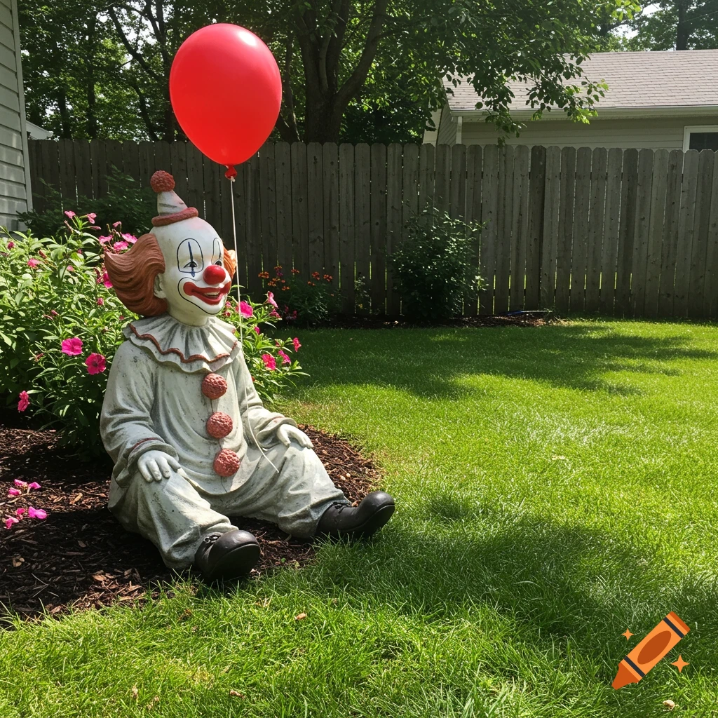 A clown statue sitting in a yard holds a red balloon. on Craiyon