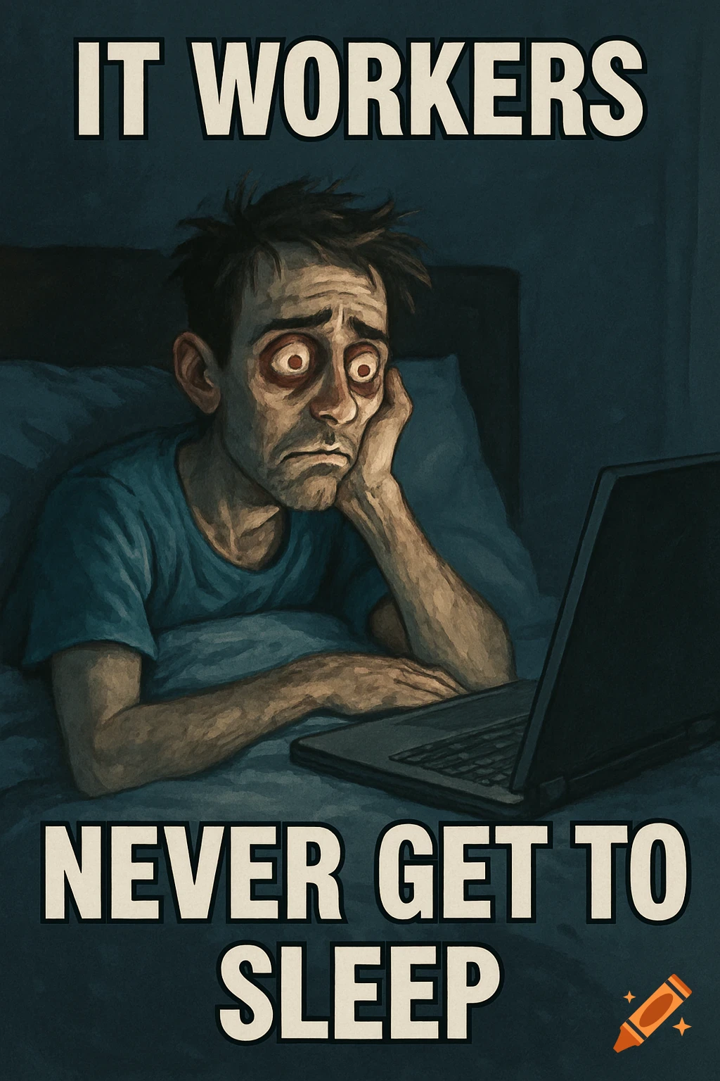 A tired man in bed with a laptop and text 'IT WORKERS NEVER GET TO ...
