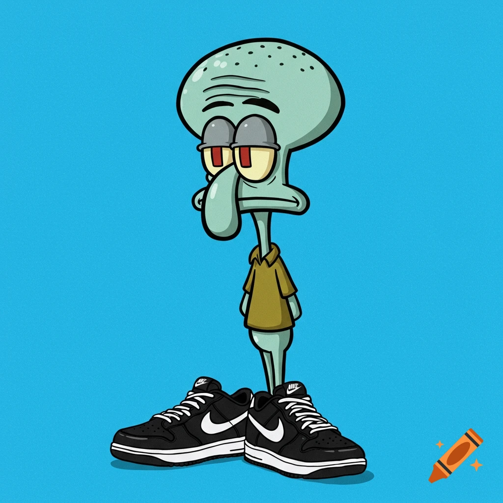 Cartoon character Squidward wearing black Nike shoes. on Craiyon