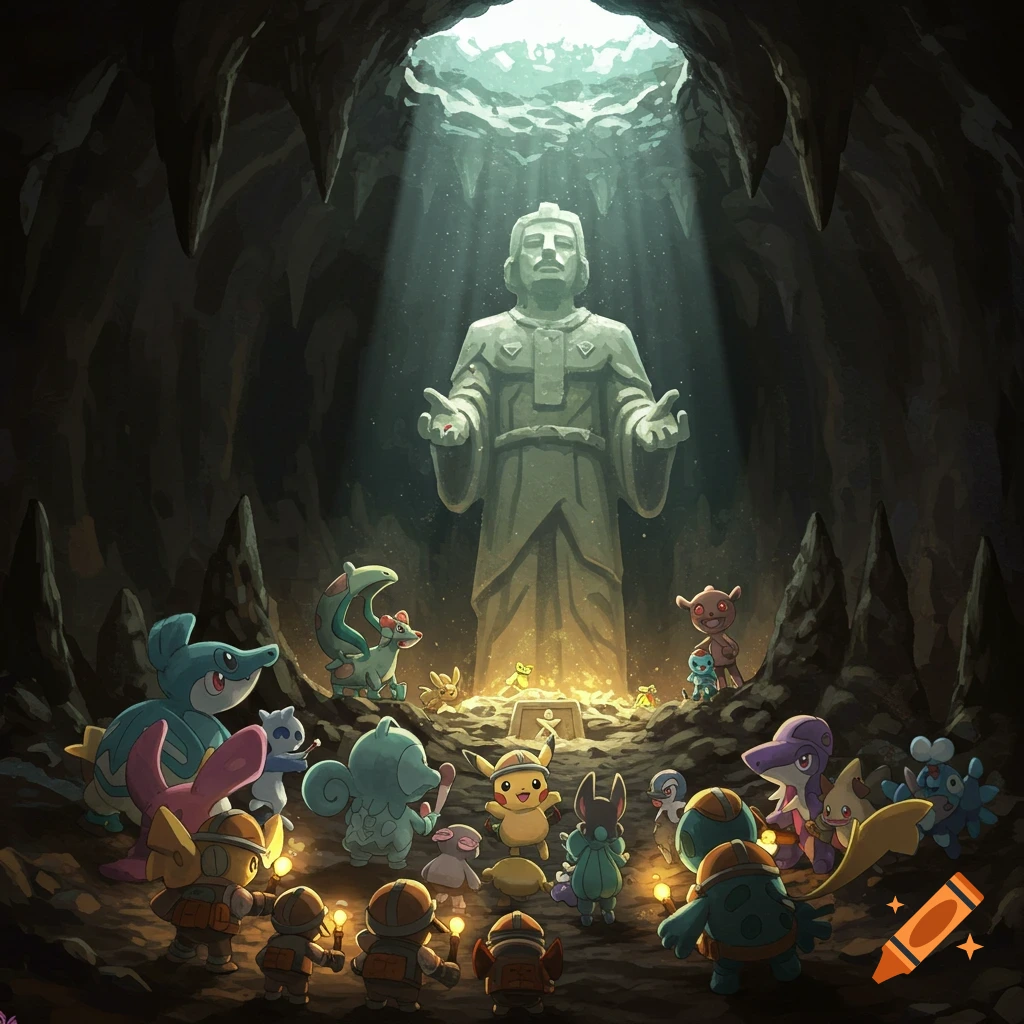 Pokemon exploring a cave with a giant statue on Craiyon