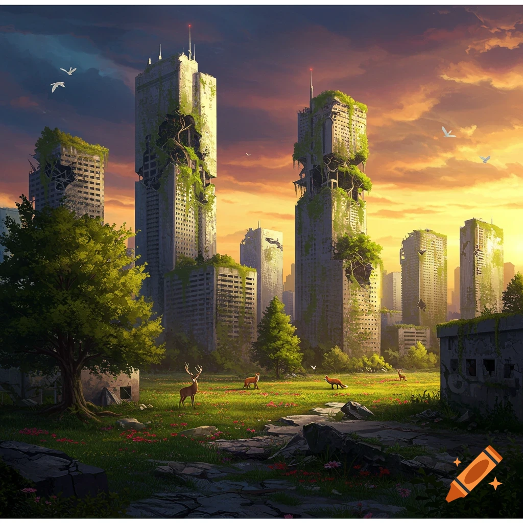 Post-apocalyptic city buildings overgrown with plants, with deer and foxes in a grassy field at ...