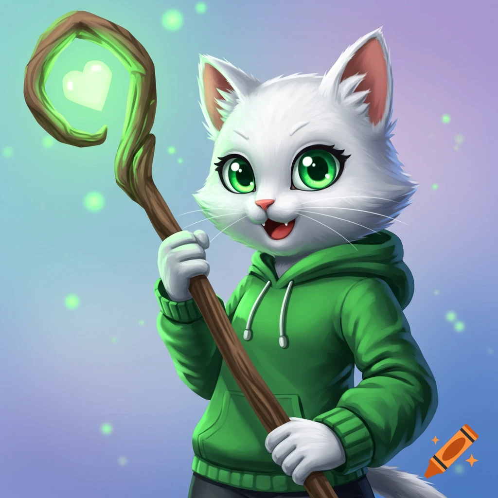 A cartoon white cat in a green hoodie holds a glowing green staff. on ...