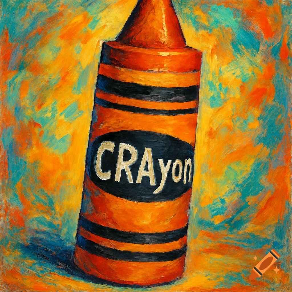 An orange crayon with black stripes and a label, against a colorful ...