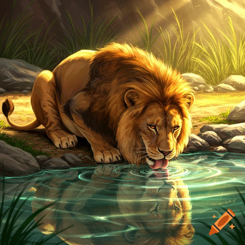 A lion drinking water from a pool. on Craiyon