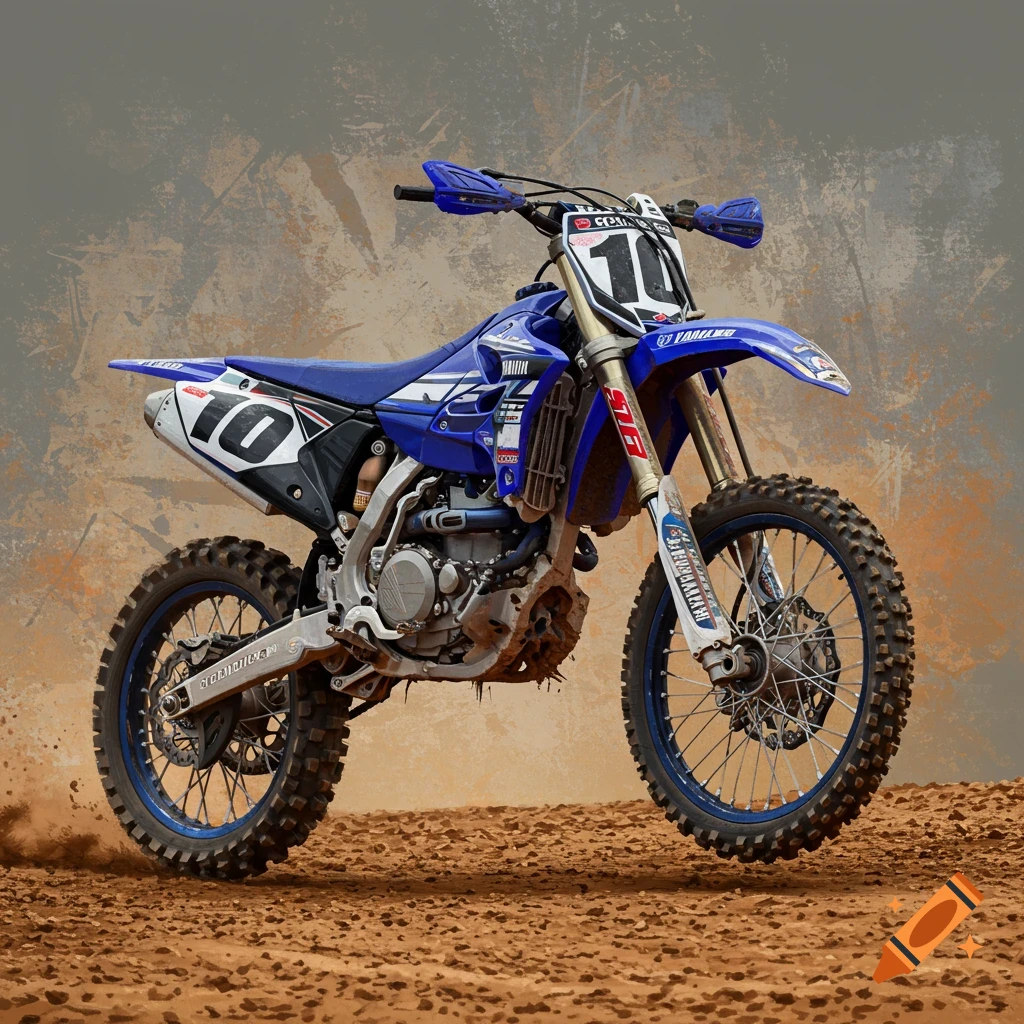 A blue and white dirt bike with number 10 jumps over a dirt track on ...