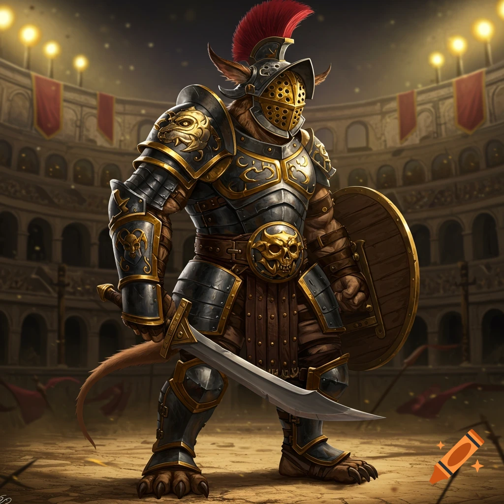 A fantasy character in ornate gladiator armor stands in a coliseum ...